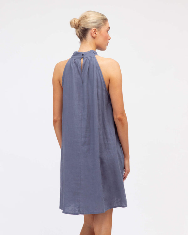 BLUE HALTER NECK FLOWY MINI DRESS - Global Fashion House